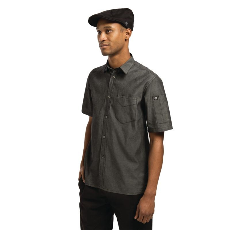 Chef Works Urban Detroit Denim Short Sleeve Shirt Black XS | B075-...